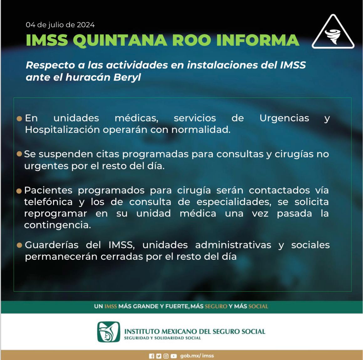 IMSS QUINTANA ROO INFORMA SOBRE MEDIDAS PREVENTIVAS EN LAS ACTIVIDADES ANTE EL HURACÁN BERYL ...